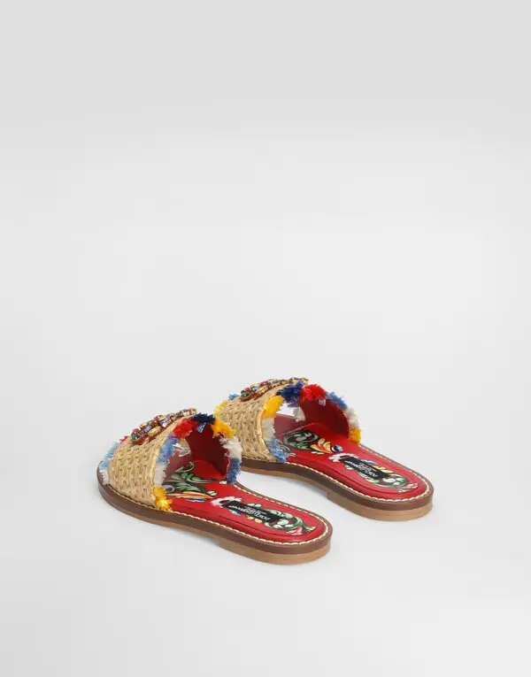 Dolce & Gabbana Flat Straw Slide Sandals With Fringes