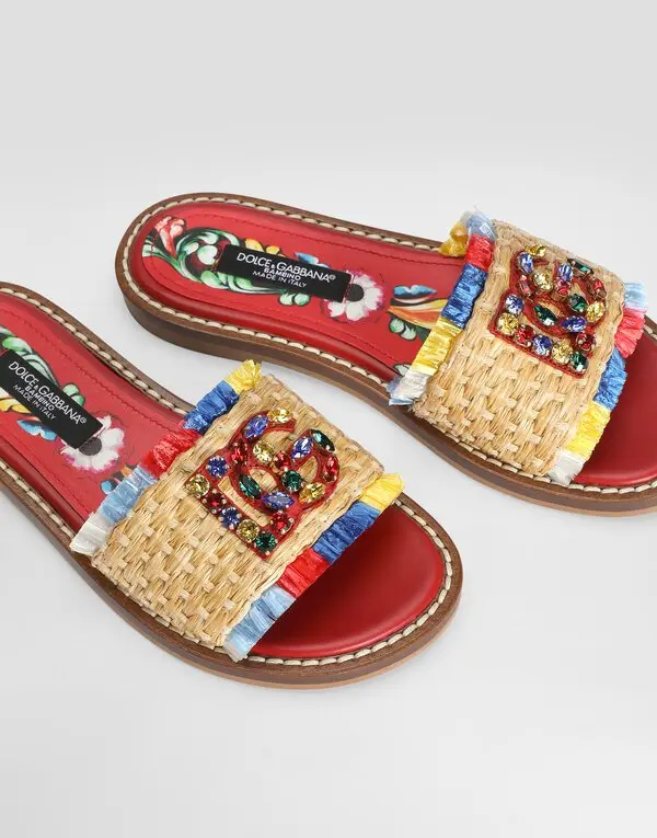 Dolce & Gabbana Flat Straw Slide Sandals With Fringes