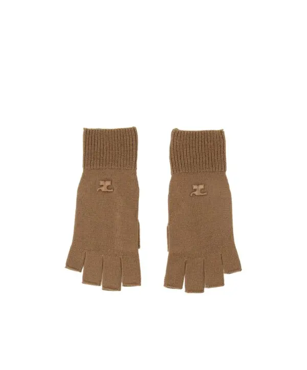 COURREGES Courrèges Logo Embroidered Ribbed Fingerless Gloves - Mocha
