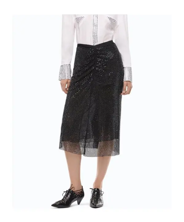 Pinko Mesh-effect Calf-length Skirt With Rhinestones