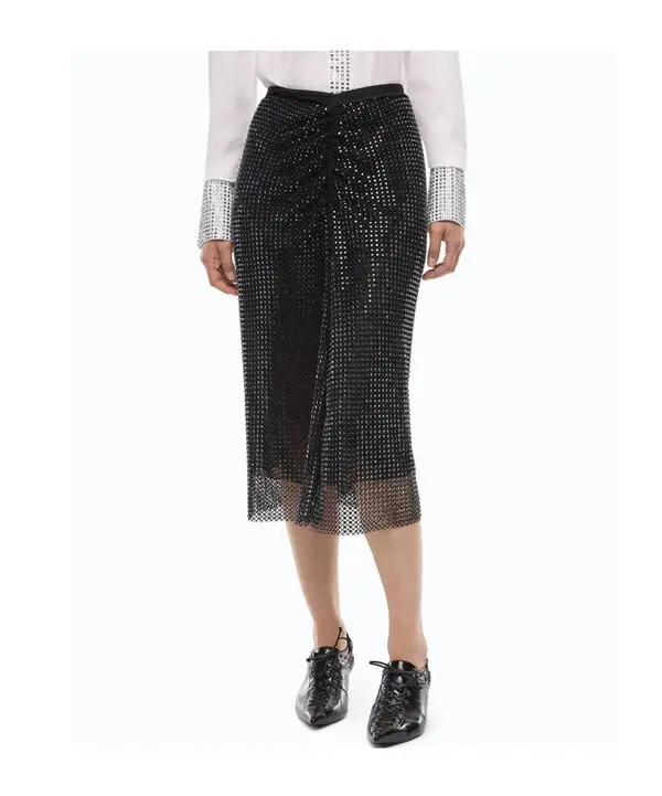 Pinko Mesh-effect Calf-length Skirt With Rhinestones