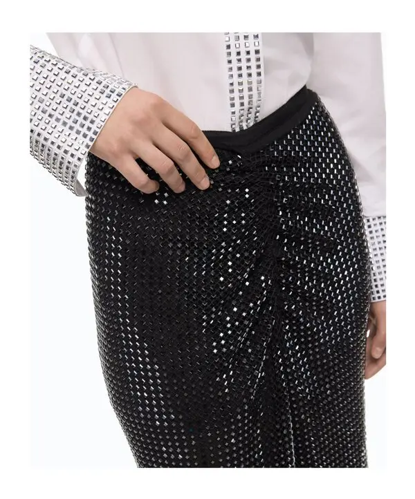 Pinko Mesh-effect Calf-length Skirt With Rhinestones