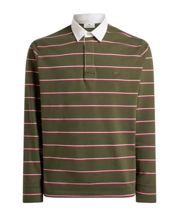 Etro Long-sleeved Cotton Polo Shirt With Shirt Collar And Striped Motif - Green