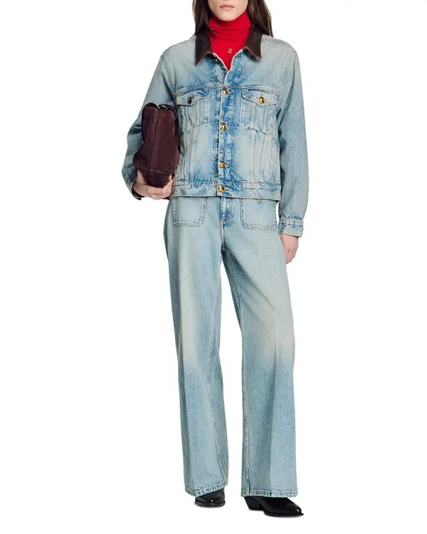 Sandro Denim Jacket With Leather Collar
