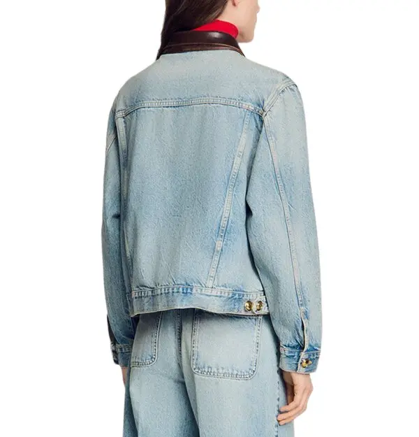 Sandro Denim Jacket With Leather Collar