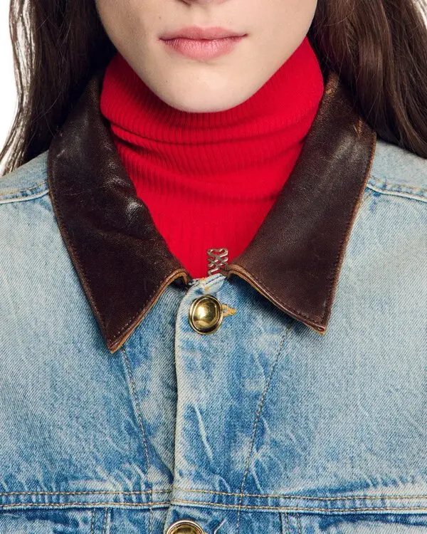 Sandro Denim Jacket With Leather Collar
