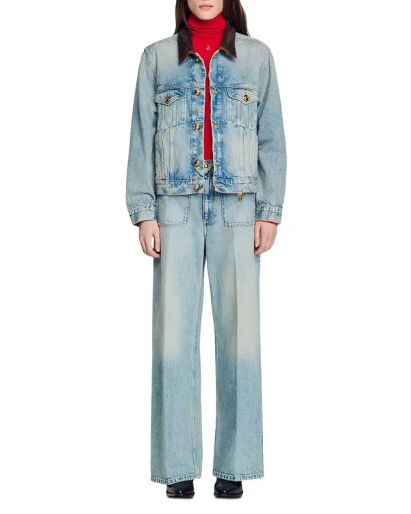 Sandro Denim Jacket With Leather Collar