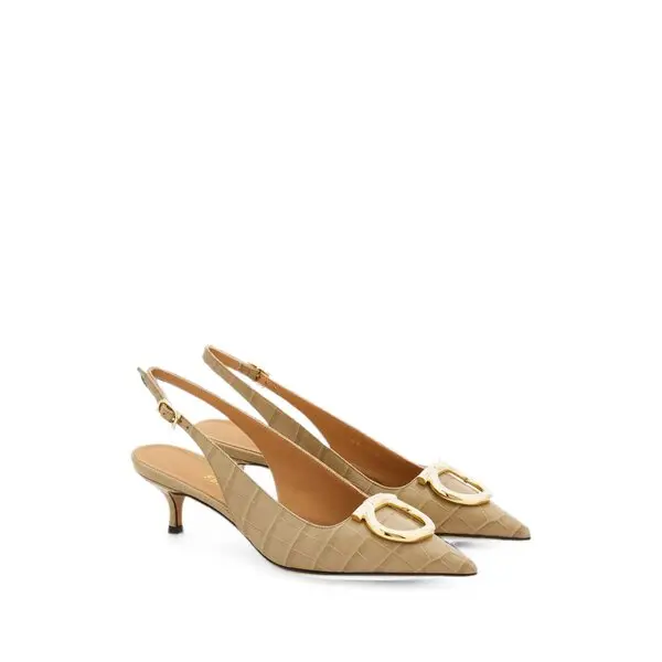 FERRAGAMO Slingback Stiletto Heel Shoes With Gancio Buckle In Calf Leather - Cream
