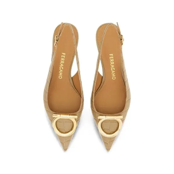 FERRAGAMO Slingback Stiletto Heel Shoes With Gancio Buckle In Calf Leather - Cream