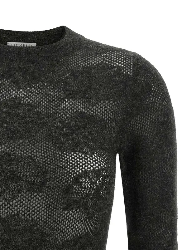 Brunello Cucinelli Flower Lace Knit Sweater - Gray