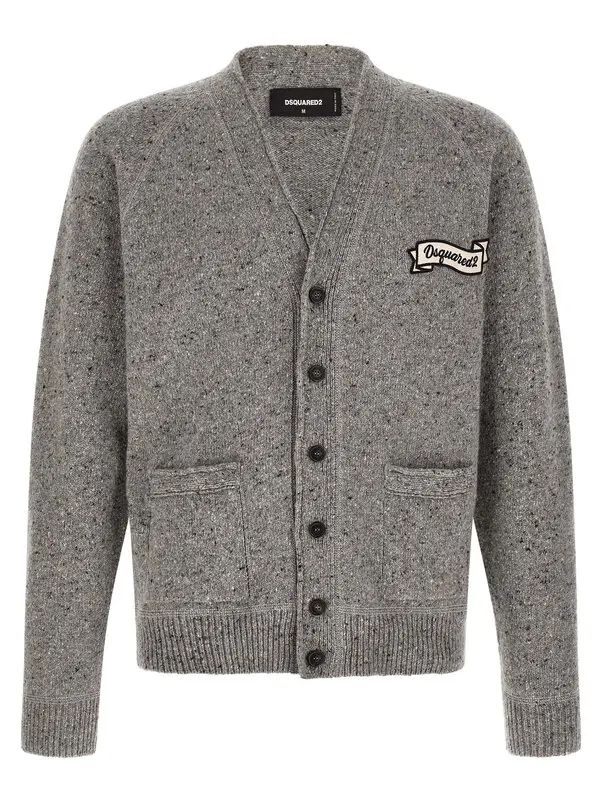 Dsquared2 V-neck Wool Blend Cardigan With Logo Patch - Gray