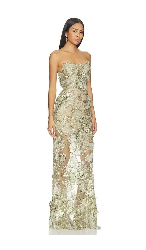 BRONX BANCO Sequined Floral Strapless Maxi Dress