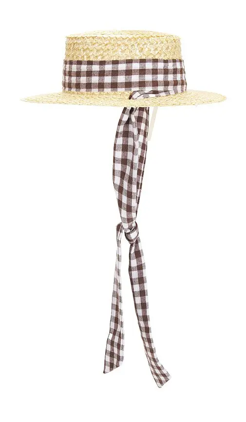 8 Other Reasons Straw Boater Hat With Gingham Ribbon Band In Neutral