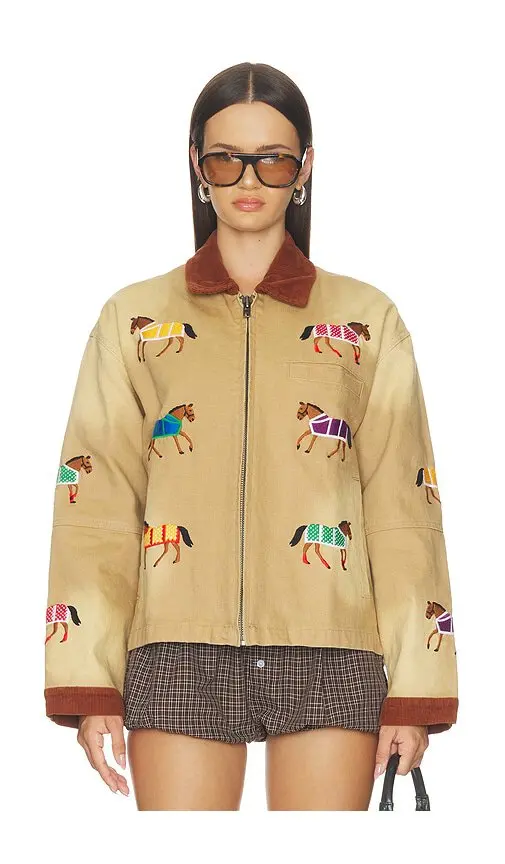 FOUND Lariat Horse Embroidered Work Jacket In Beige