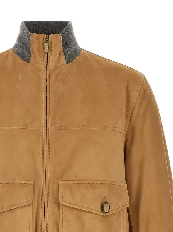 Brunello Cucinelli Padded Suede Bomber Jacket - Cream