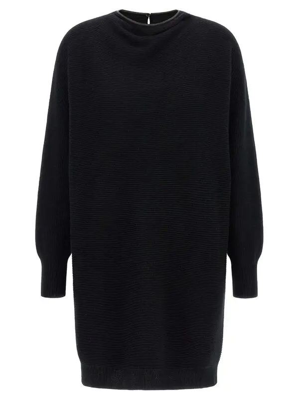 Brunello Cucinelli Ribbed Knit Mini Dress With Precious Collar - Black