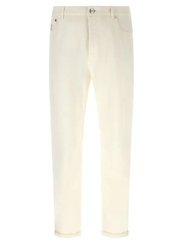 Brunello Cucinelli Straight Leg Jeans With Embroidered Emblem - White