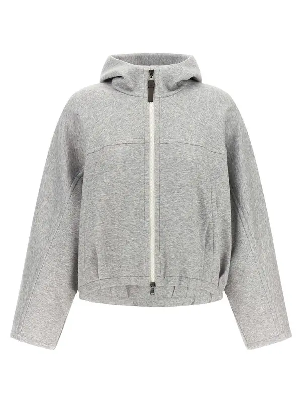 Brunello Cucinelli Cropped Hoodie With Shiny Zipper Pull - Gray