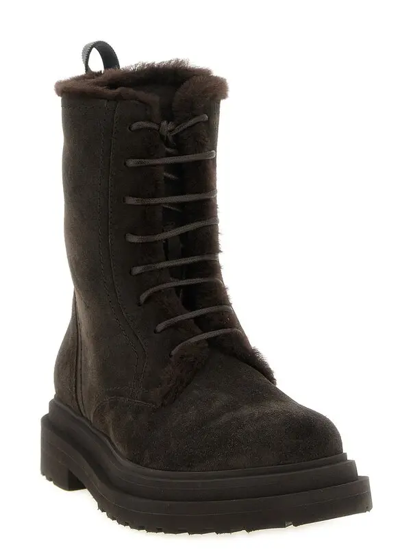 Brunello Cucinelli Suede And Shearling Lace-up Ankle Boots - Brown
