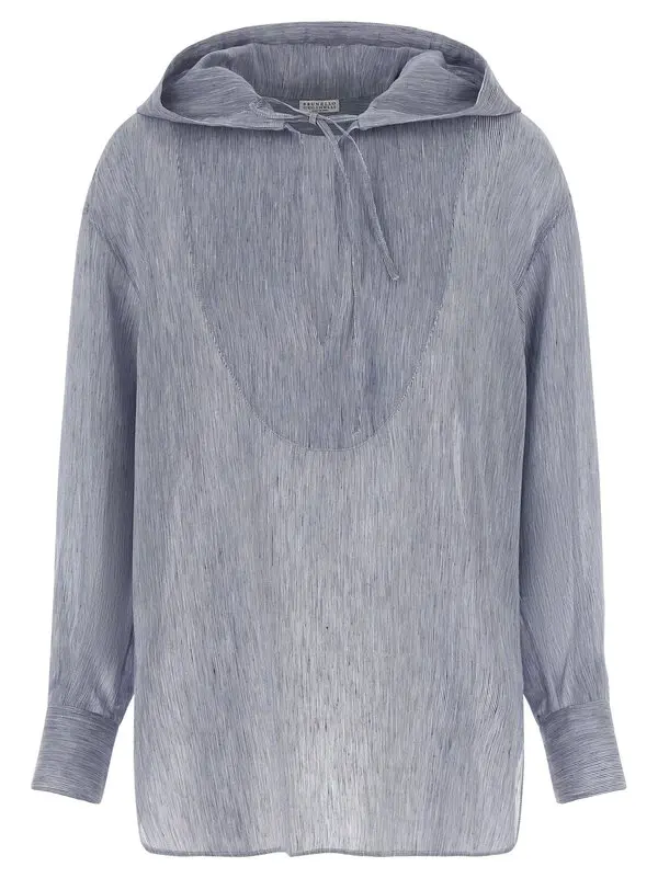 Brunello Cucinelli Linen Silk Blend Striped Hooded Shirt - Blue