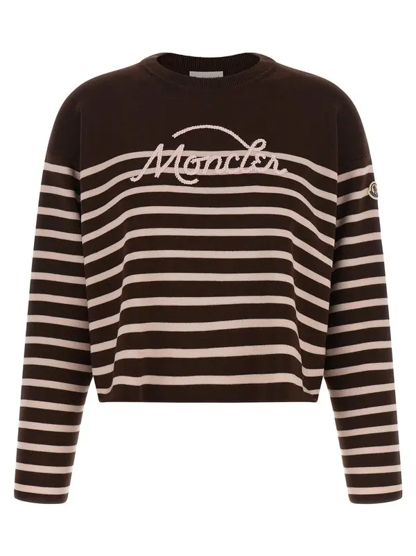 Moncler Striped Virgin Wool Sweater With Embroidered Logo - White