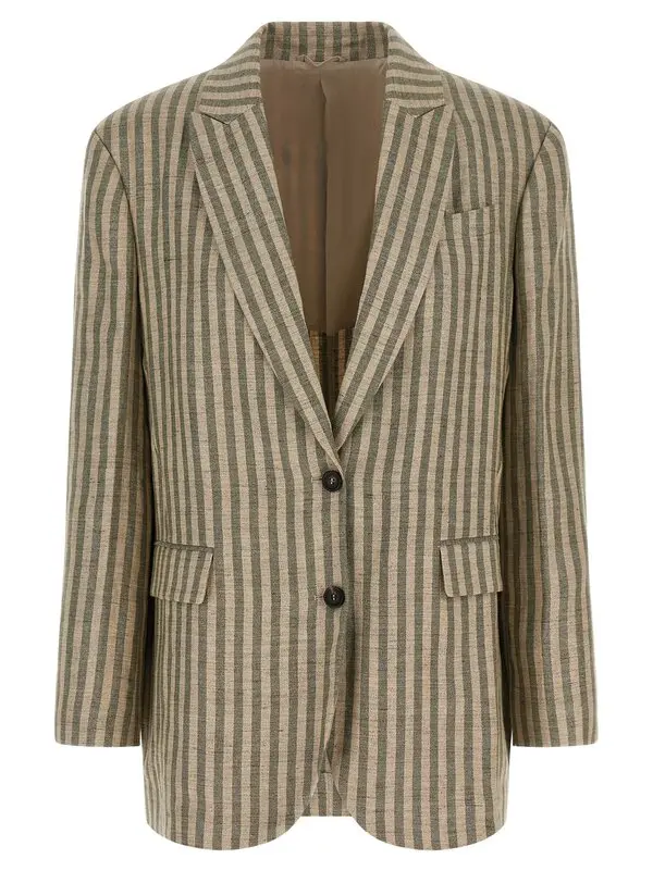 Brunello Cucinelli Striped Linen Blend Blazer - Green