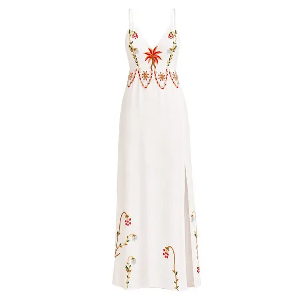 LAURA SLINGS Beaded Beach Dress With Floral Flowers Embroidery And Embellished Details - White