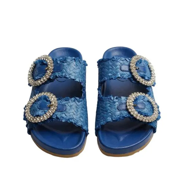 SIBYLLA DELPHICA Sama Raffia Crystal Buckle Slides - Blue