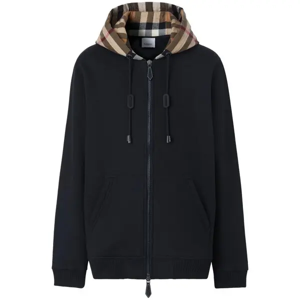 Burberry Checked Hood Zip-up Hoodie - Black