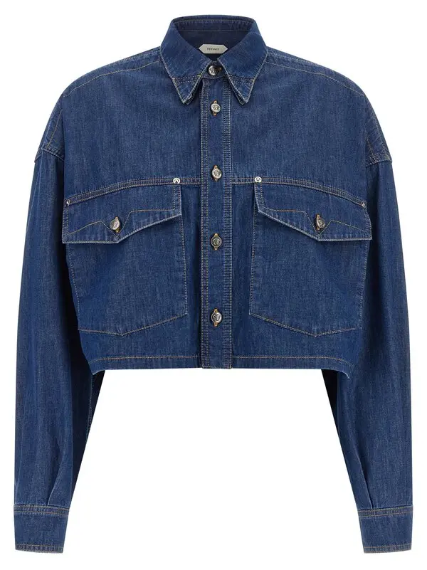 Versace Cropped Cotton Denim Shirt With Medusa Hardware - Blue
