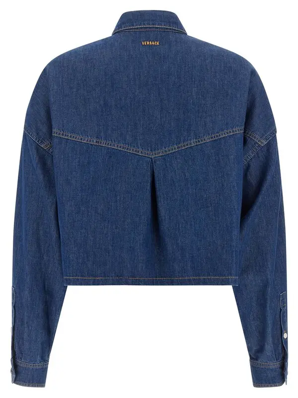Versace Cropped Cotton Denim Shirt With Medusa Hardware