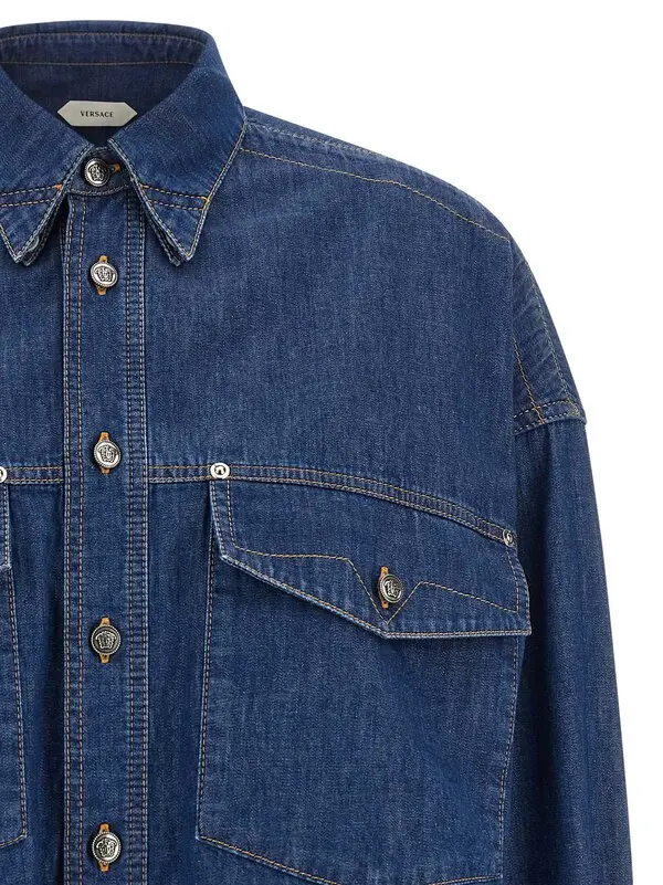 Versace Cropped Cotton Denim Shirt With Medusa Hardware