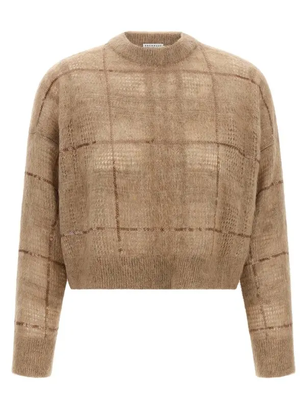 Brunello Cucinelli Sequin Check Mohair Wool Blend Cropped Sweater - Cream