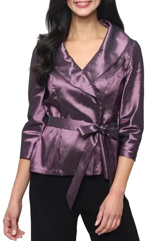 Alex Evenings Metallic Faux Wrap Portrait Collar Top