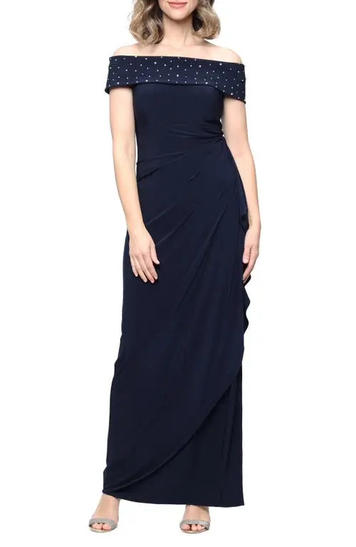 Alex Evenings Beaded Off The Shoulder Jersey Gown - Navy