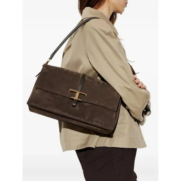 TOD'S Calf Suede Shoulder Bag With Gold-tone T Timeless Plaque - Brown