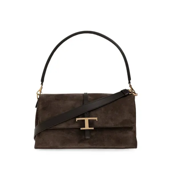 TOD'S Calf Suede Shoulder Bag With Gold-tone T Timeless Plaque - Brown