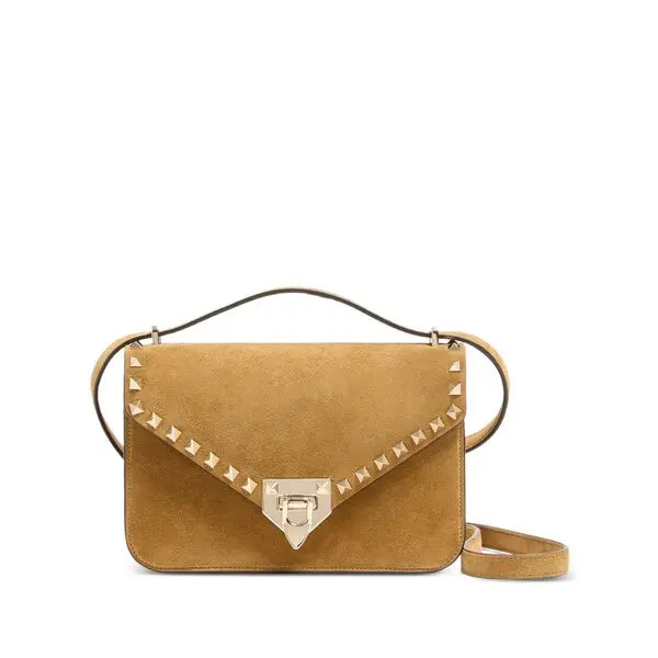 Valentino Garavani Suede Shoulder Bag With Rockstud Embellishments - Cream