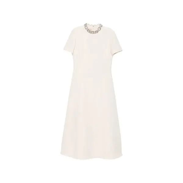 Valentino Garavani Off-white Crystal-embellished Collar Short Sleeve A-line Dress - Cream