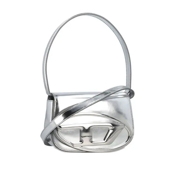 DIESEL® Metallic Logo Plaque Top Handle Bag - Silver