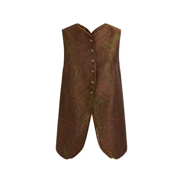 Etro Paisley Jacquard Wool Silk Blend Long Waistcoat - Brown