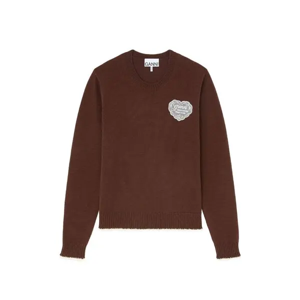 GANNI Wool Knit Jumper With Crochet Trim - Brown