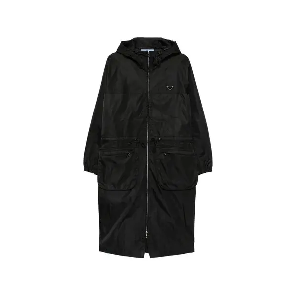 Prada Oversized Coat With Drawstring Hood And Enamel Triangle Logo - Black