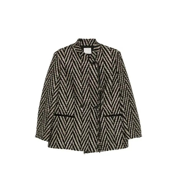 FORTE_FORTE Chevron Pattern Double-breasted Coat - Black