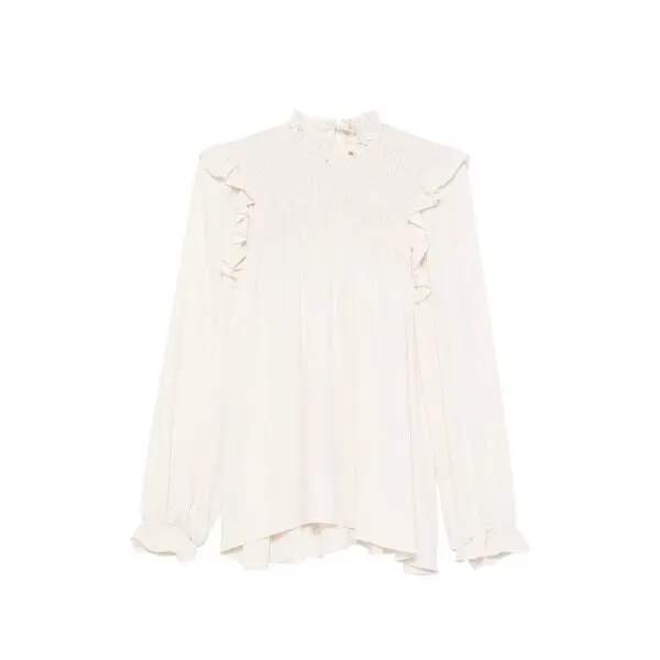 FORTE_FORTE Ivory Smocked Panel Ruffle Trim High Neck Long Sleeve Blouse - Cream