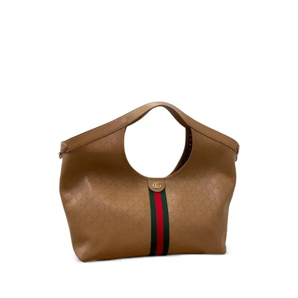 Gucci Calf Leather Perforated Gg Supreme Shoulder Bag - Cream