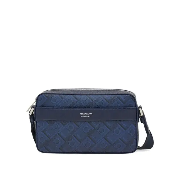 FERRAGAMO Navy Monogram Print Calfskin Messenger Bag - Blue