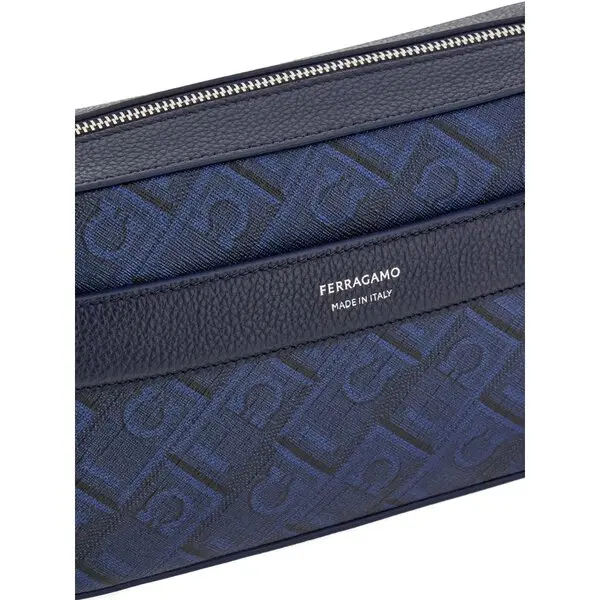 FERRAGAMO Navy Monogram Print Calfskin Messenger Bag - Blue