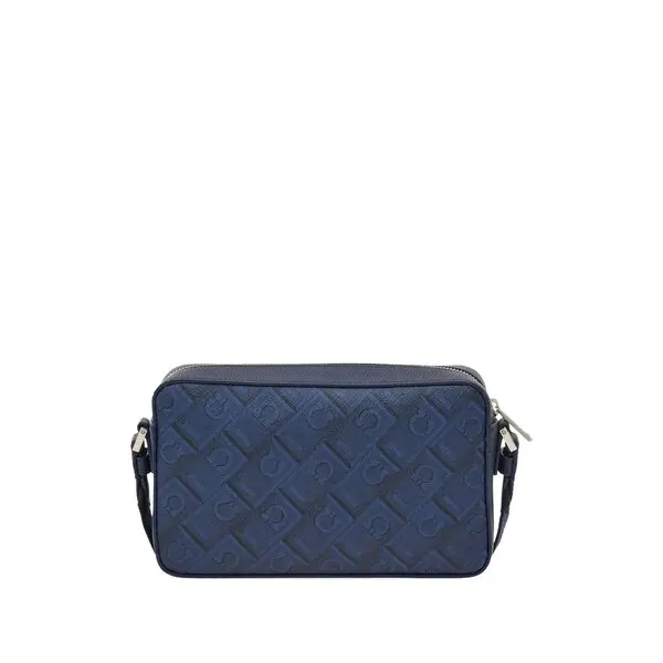 FERRAGAMO Navy Monogram Print Calfskin Messenger Bag - Blue