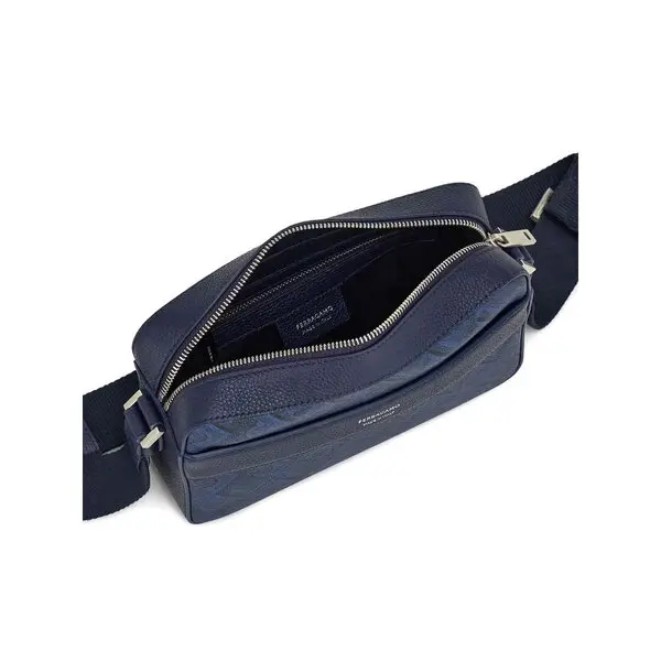 FERRAGAMO Navy Monogram Print Calfskin Messenger Bag - Blue